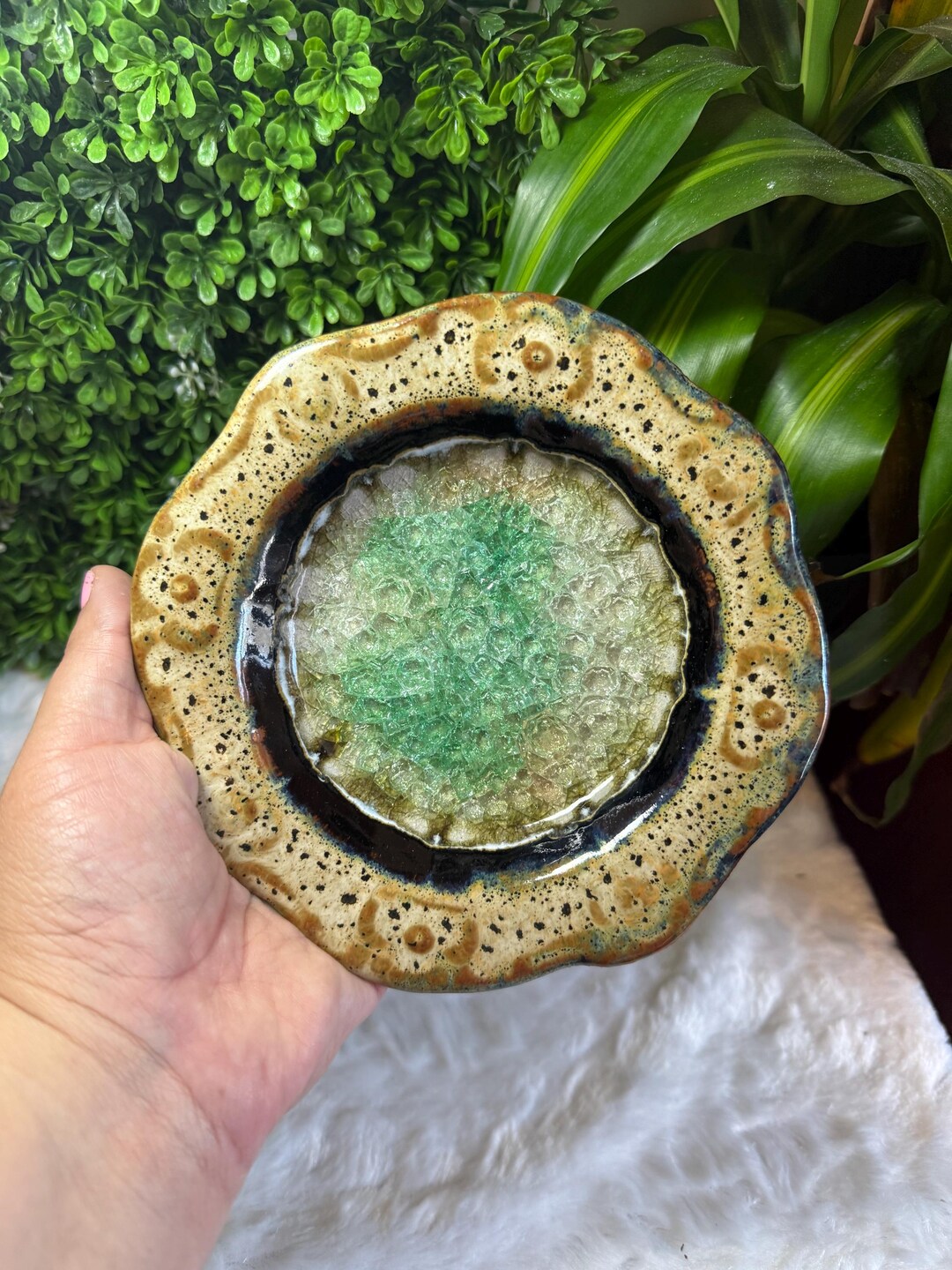 Crackle Glass Geode Pottery Trinket Dish |crackle Glass Geode Pottery ...