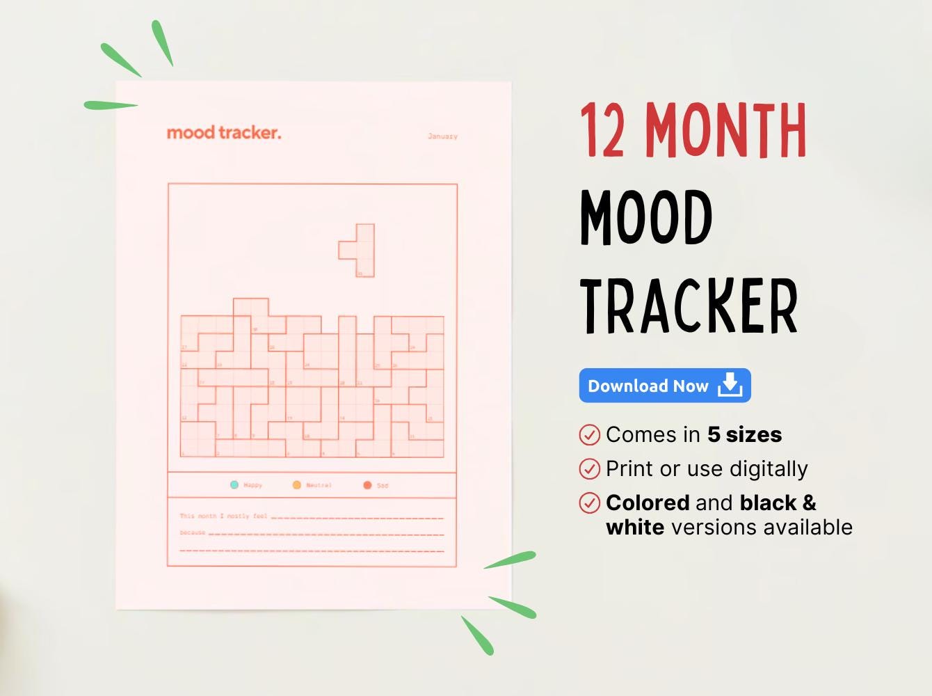 Daily Mood Tracker | Happiness Monitor | Full Year (12 Month) Mood ...