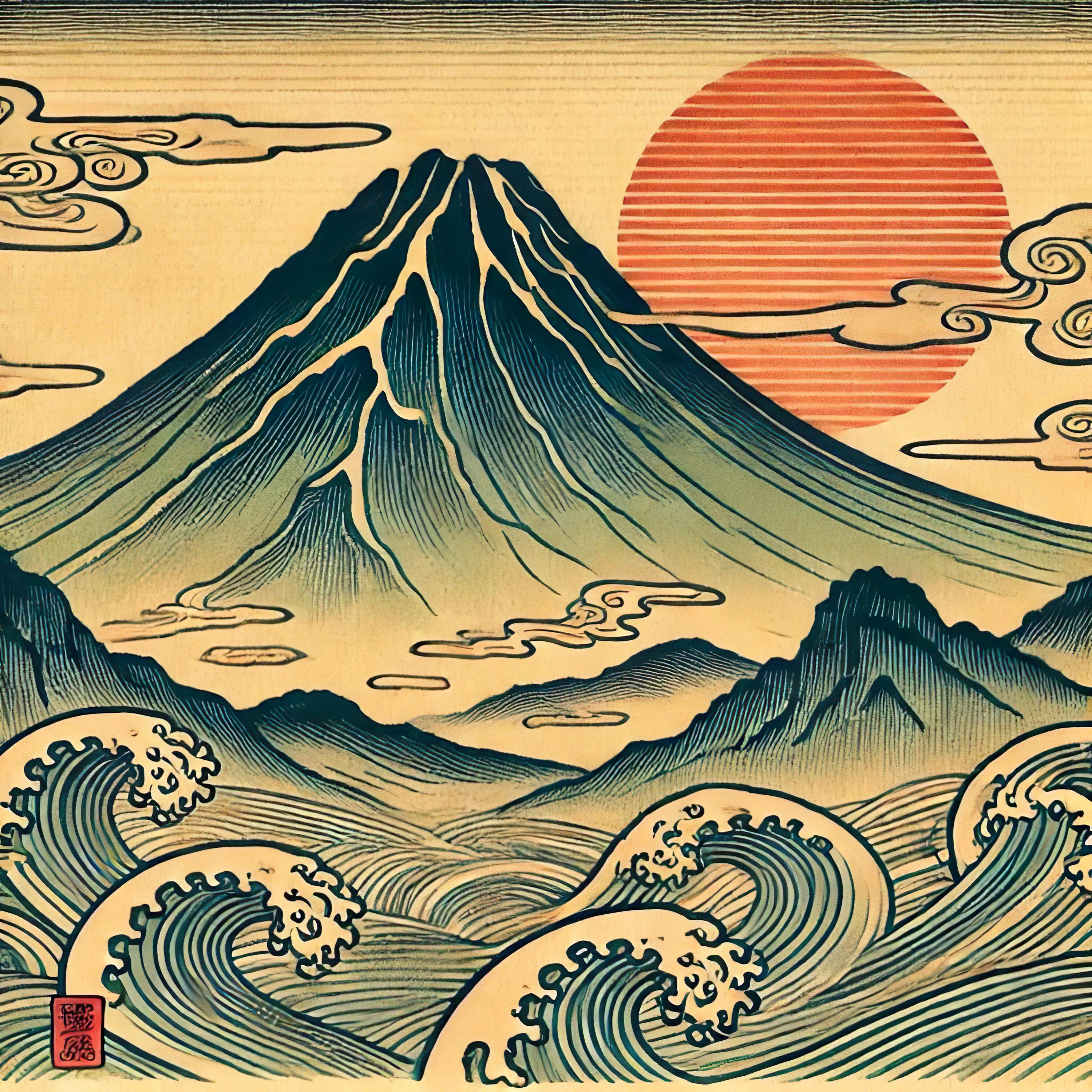 Ukiyo-e Japanese Landscape Art Print | Mountain and Rising Sun | Traditional Woodblock Style ...