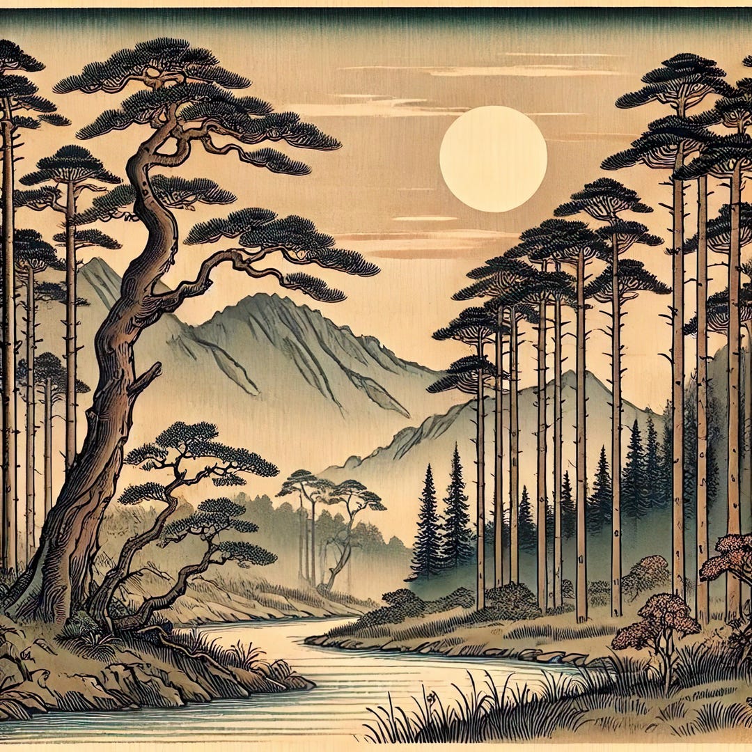 Ukiyo-e Japanese Forest Art Print | Peaceful River and Sunlit Trees ...