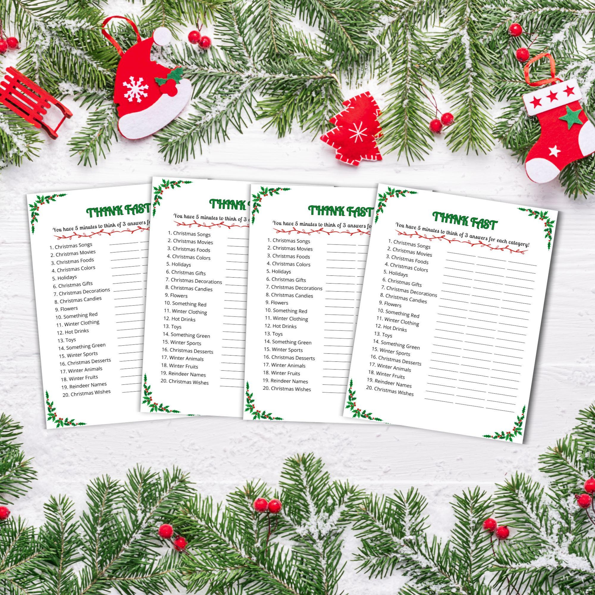 Think Fast Game, Holiday Party Game, Christmas Printable Game ...