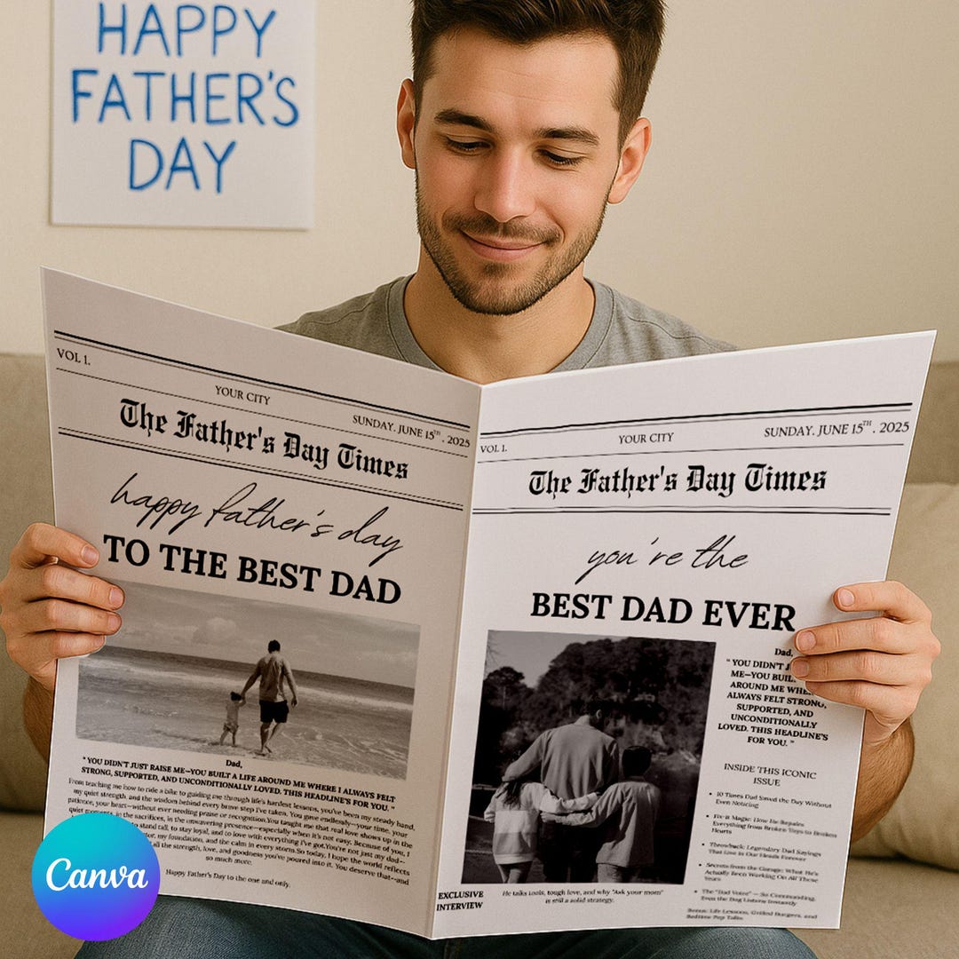 Canva Fathers Day Newspaper Template, First Father's Day DIY Gift for ...