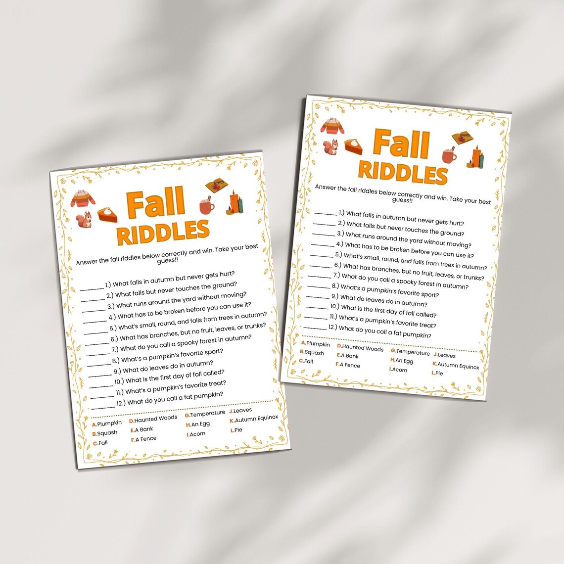 Fall Riddles Game: Autumn Party & Classroom Activity (digital Download ...