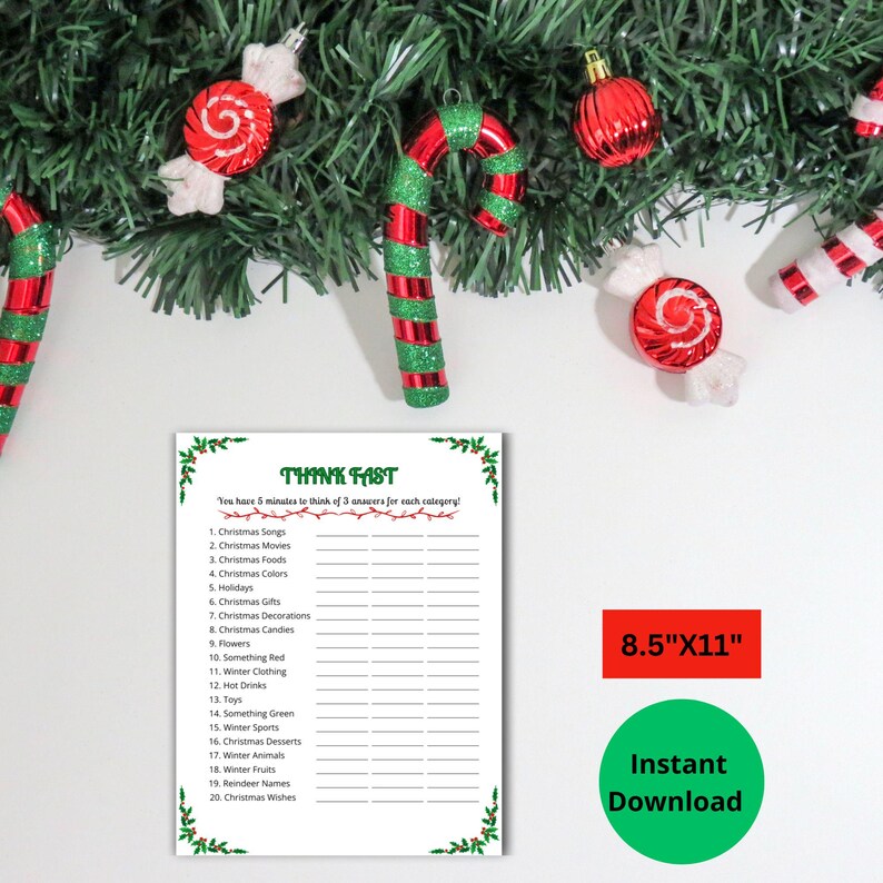 Think Fast Game, Holiday Party Game, Christmas Printable Game ...