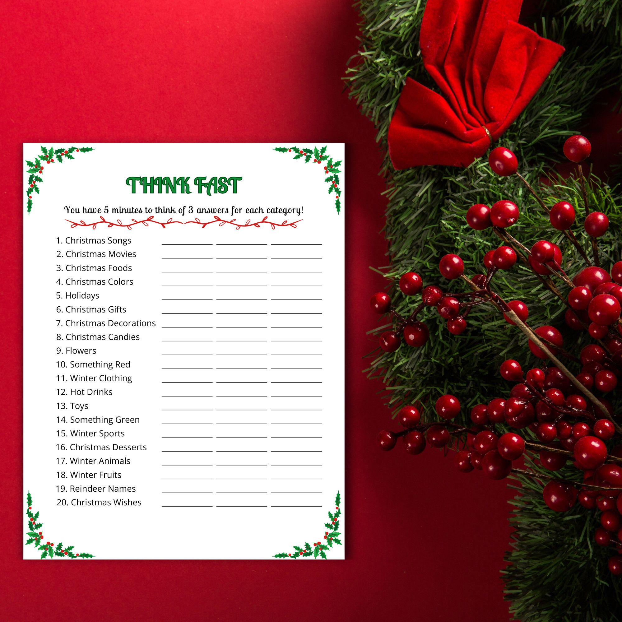 Think Fast Game, Holiday Party Game, Christmas Printable Game ...