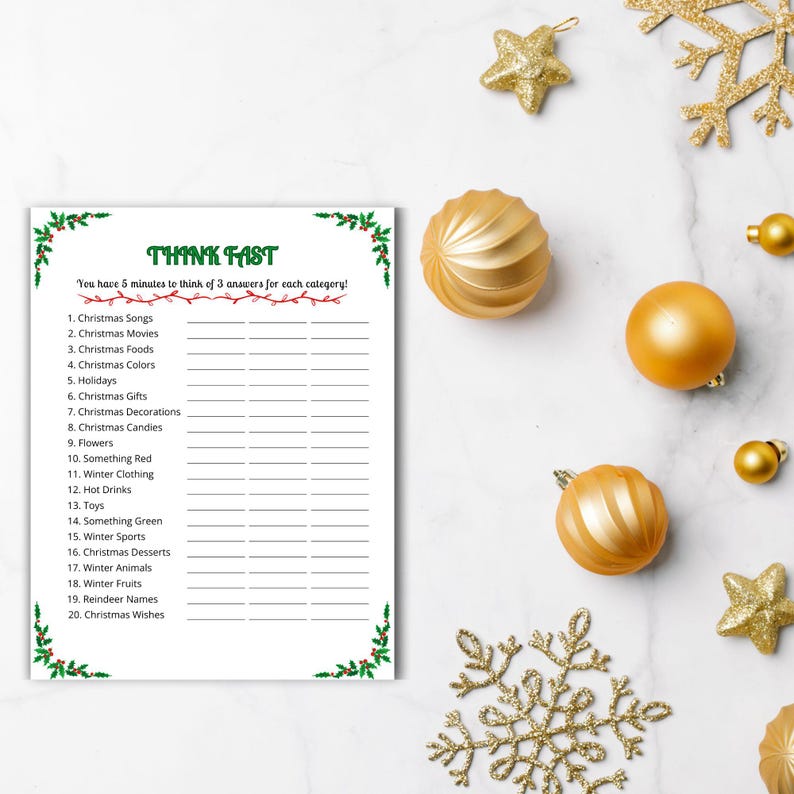 Think Fast Game, Holiday Party Game, Christmas Printable Game ...