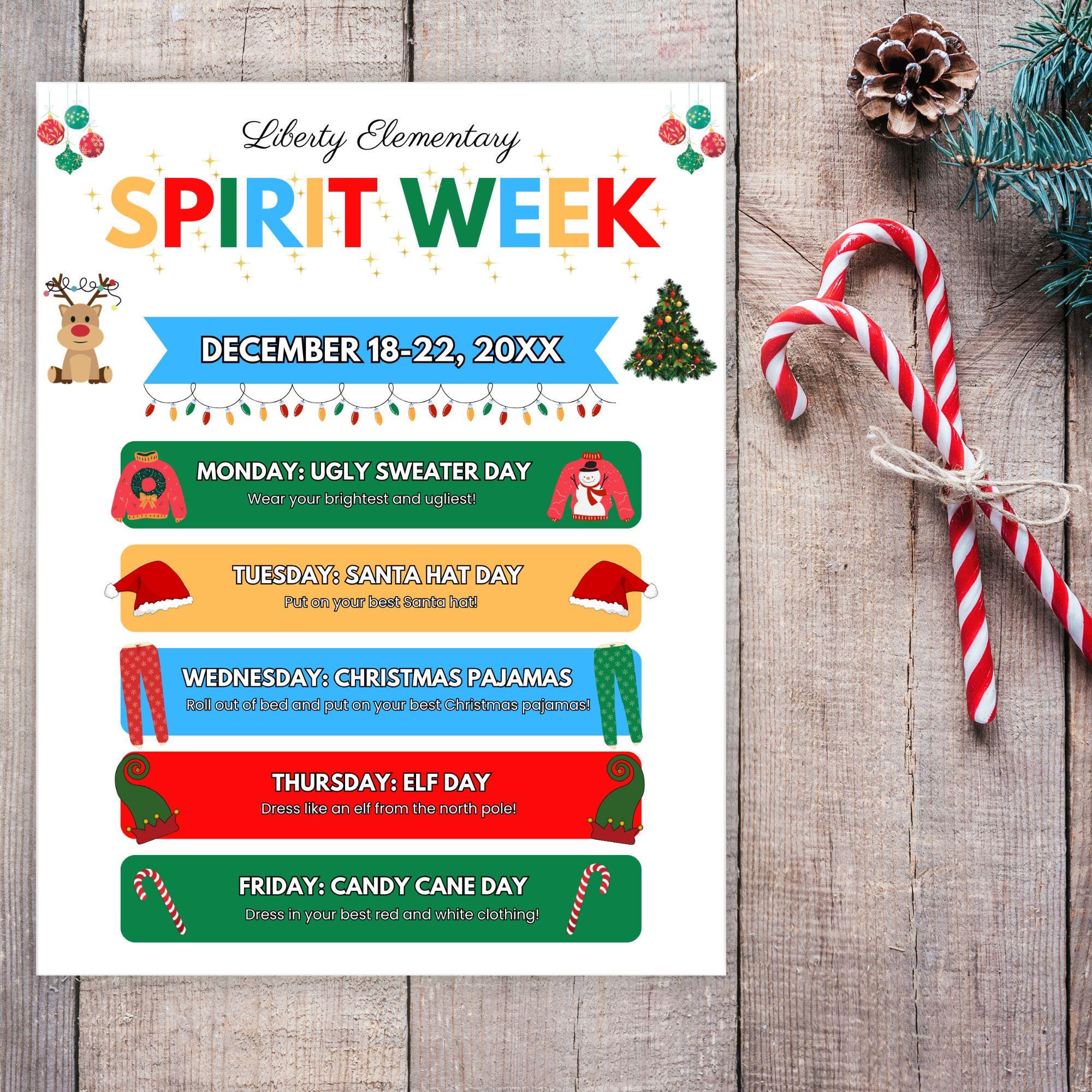 Editable Christmas Spirit Week Flyer, School Spirit Schedule, Winter ...
