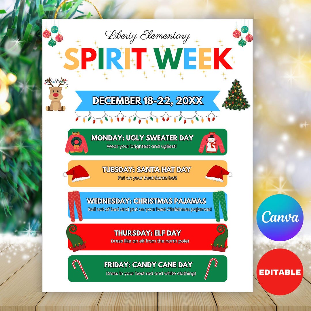 Editable Christmas Spirit Week Flyer, School Spirit Schedule, Winter ...