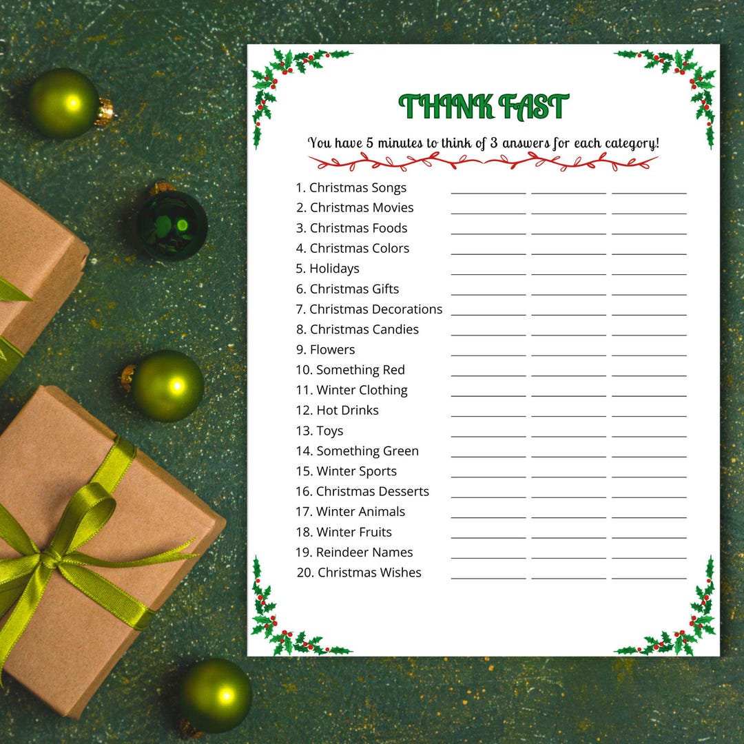 Think Fast Game, Holiday Party Game, Christmas Printable Game ...
