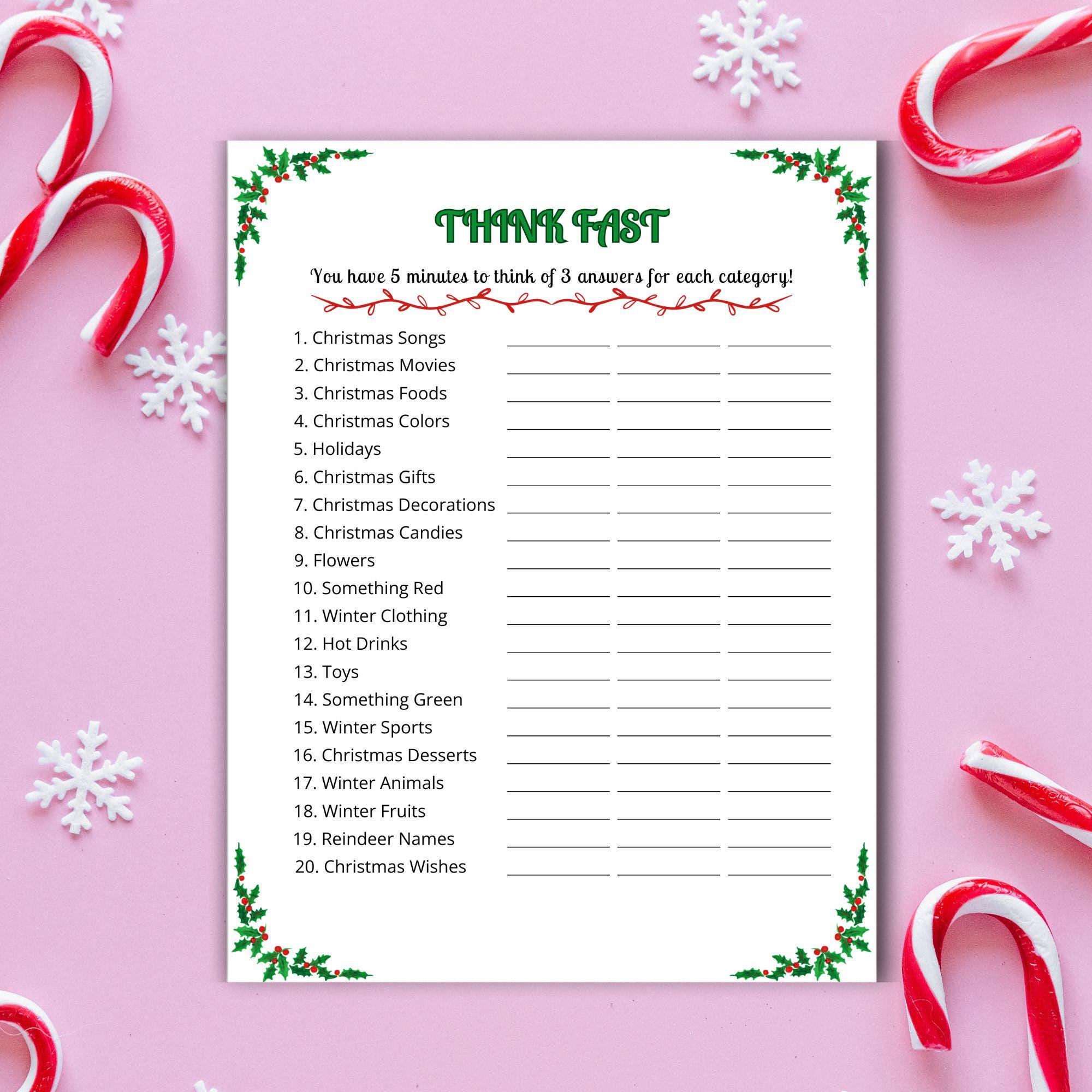 Think Fast Game, Holiday Party Game, Christmas Printable Game ...