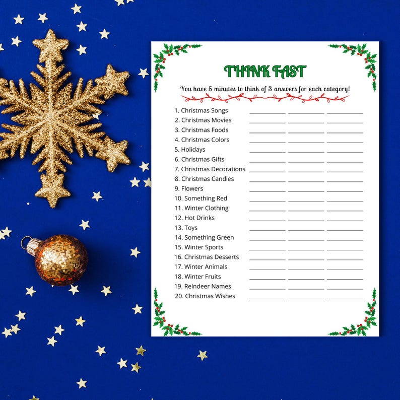 Think Fast Game, Holiday Party Game, Christmas Printable Game ...