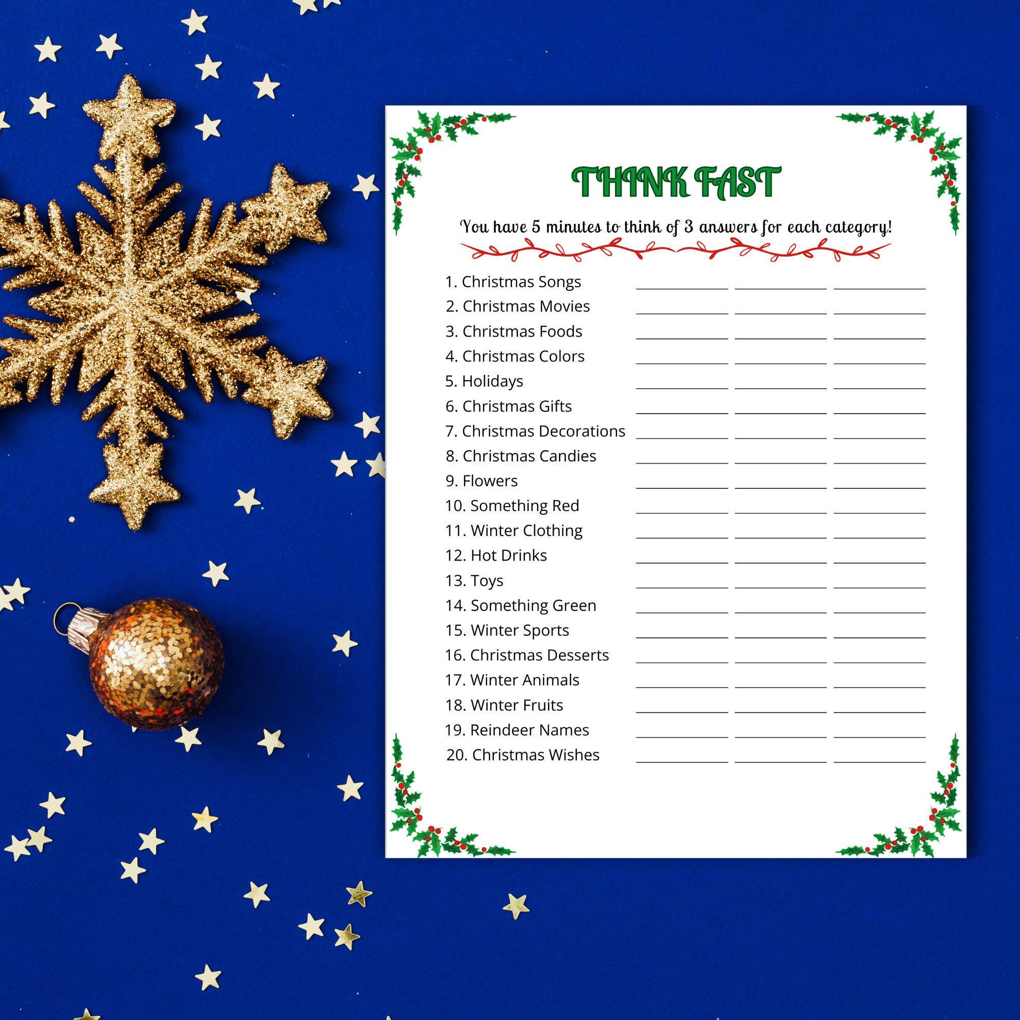 Think Fast Game, Holiday Party Game, Christmas Printable Game ...