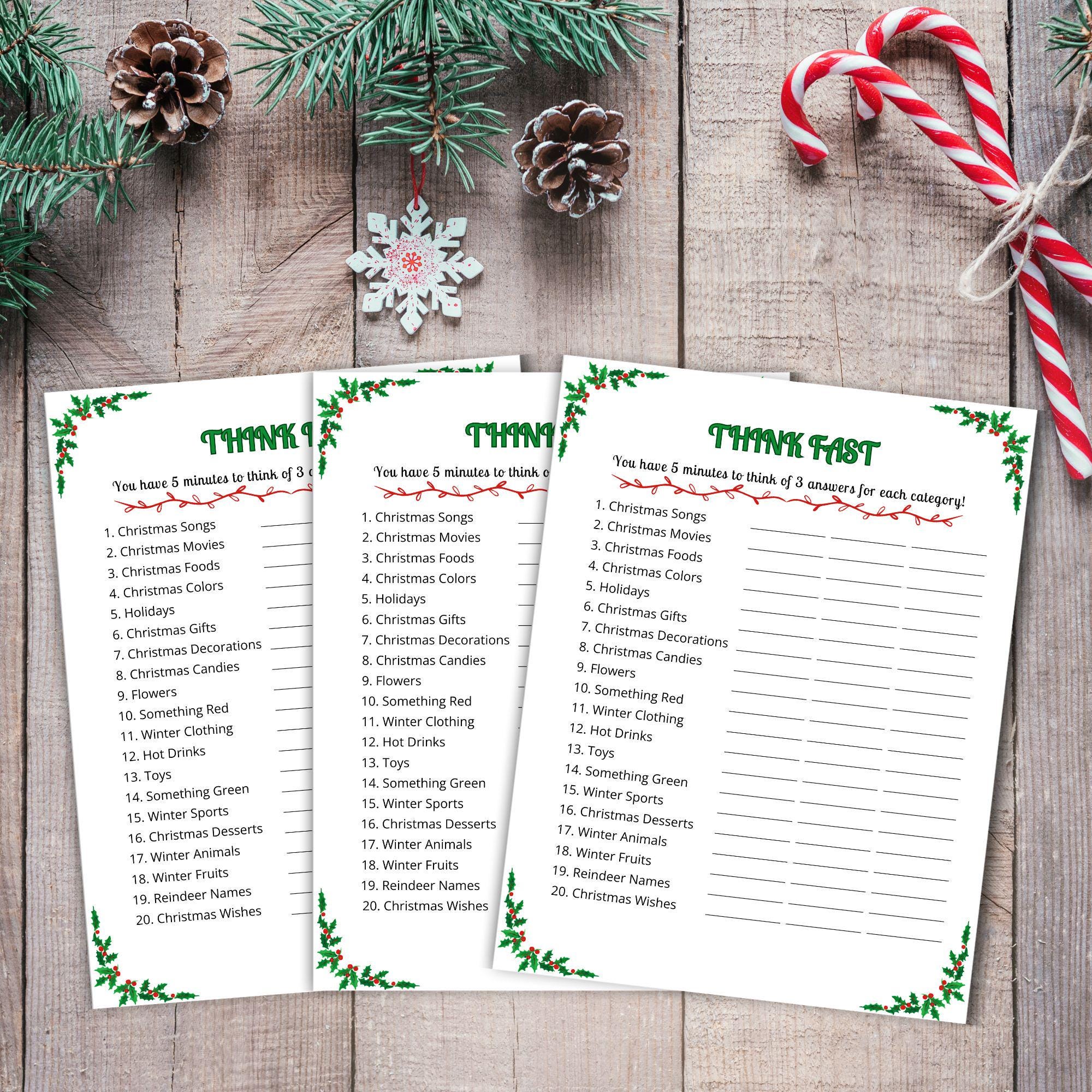 Think Fast Game, Holiday Party Game, Christmas Printable Game ...