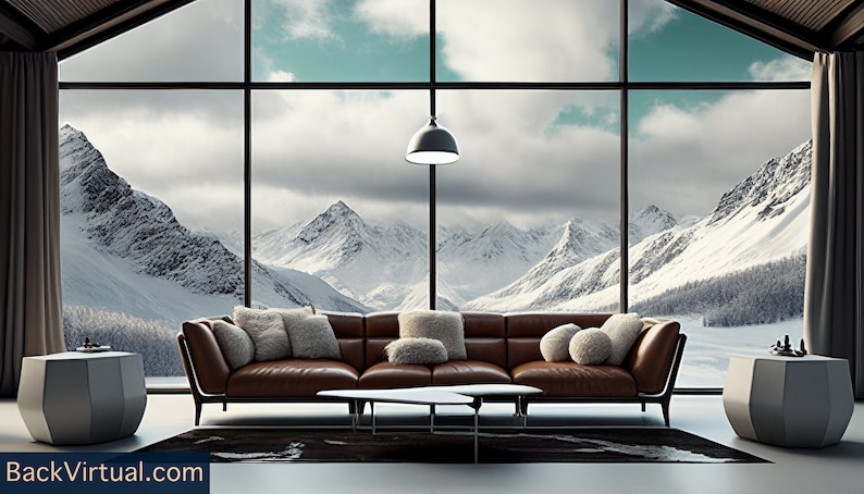Zoom Virtual Background, Mountain Home Office Modern With Snowy Peaks ...