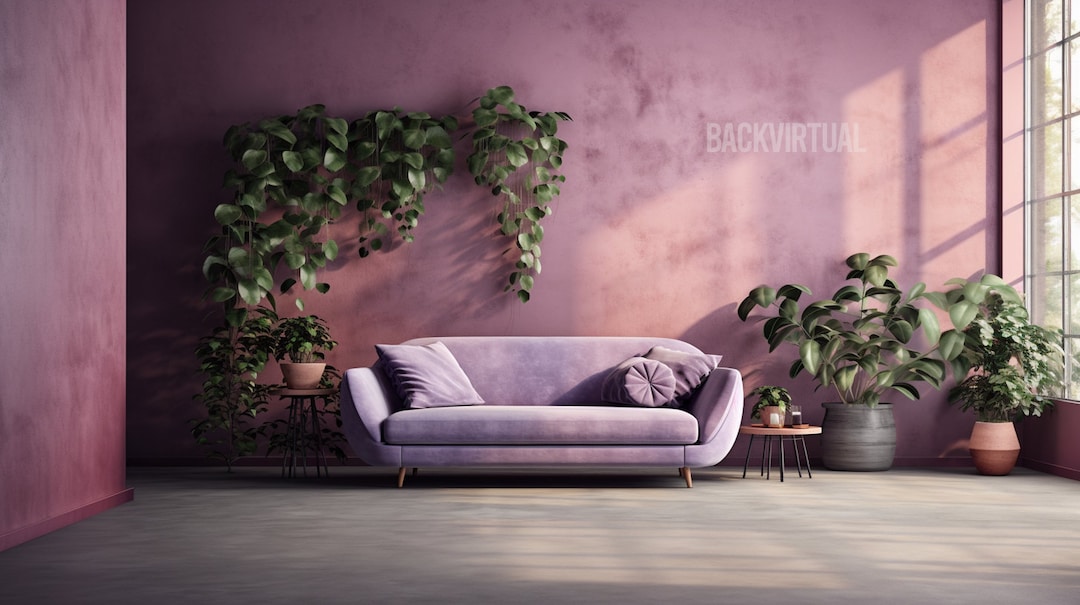 Zoom Virtual Background, Sage Green Wall With Plants and Brown Sofa ...