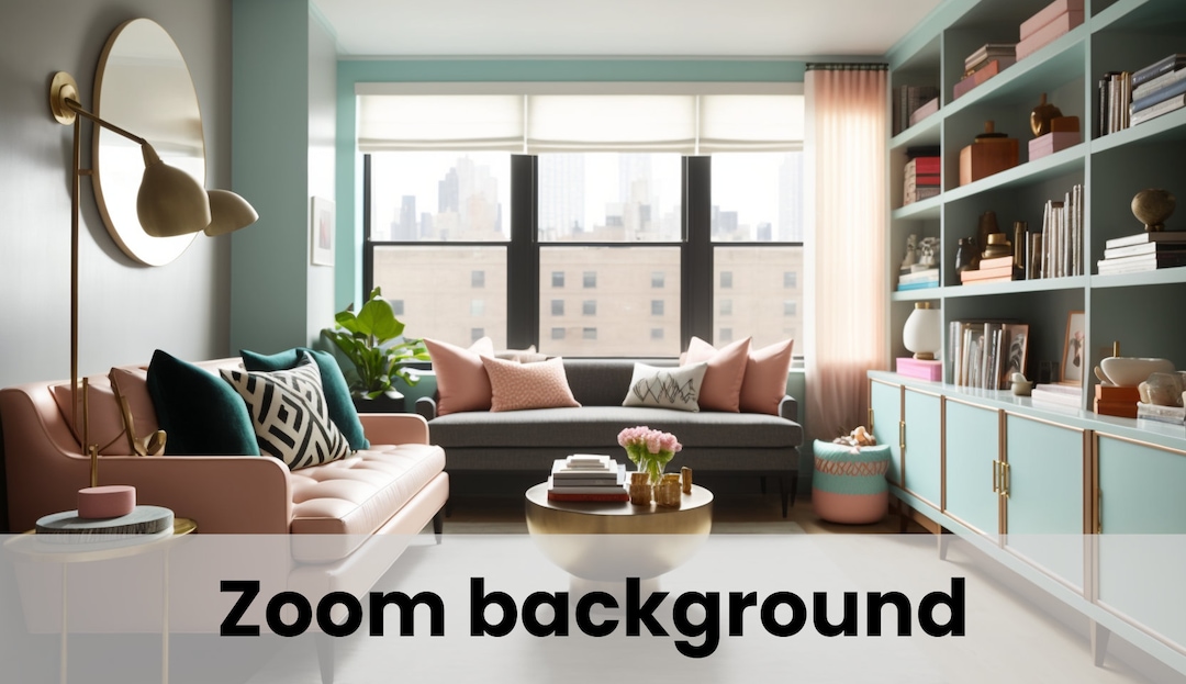 Zoom Virtual Background, City Apartment Modern Pink Turquoise Living ...