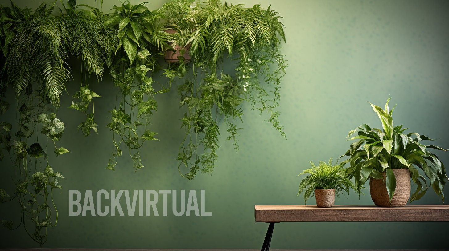 Zoom Virtual Background, Plants on Neutral Sage Green Wall and Natural ...