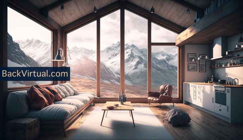 Zoom Virtual Background, Mountain Spacious Cabin Modern With Snowy Peaks Big Windows Afternoon ...