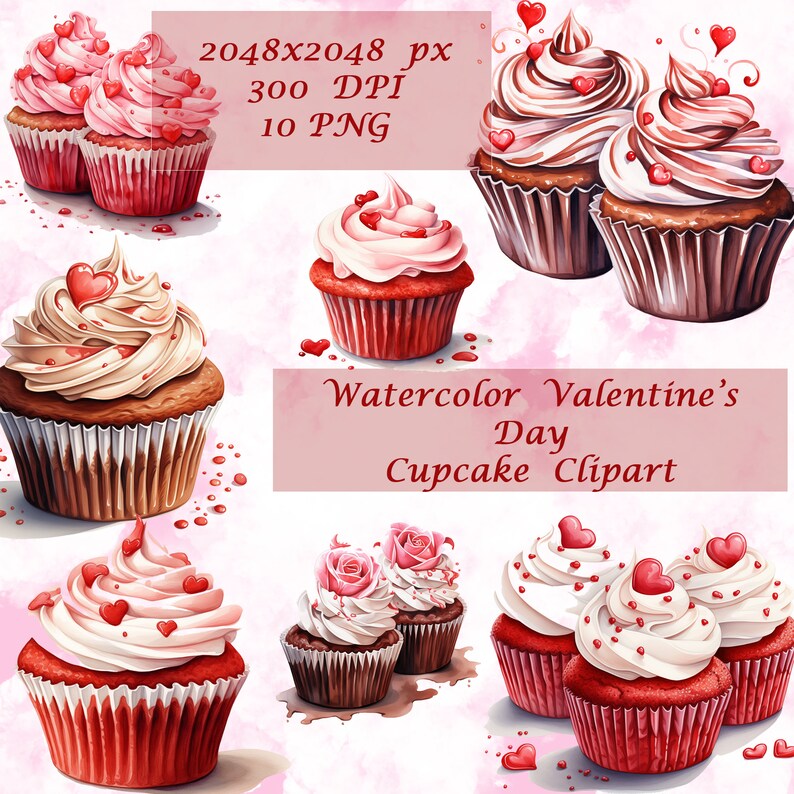 Watercolor Valentine Cupcake Clipart: Pink Love Designs (PNG) - Etsy