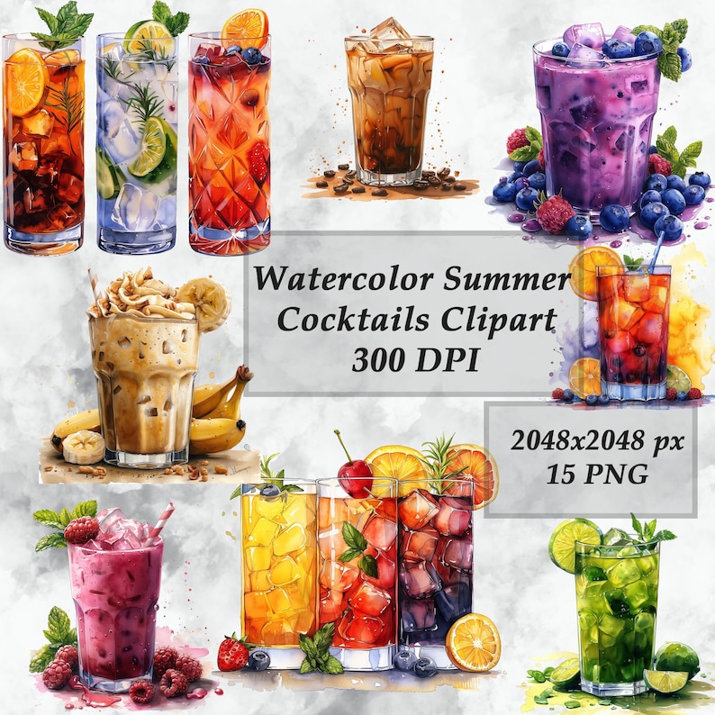 Watercolor Summer Cocktails Clipart – Tropical Cold Drinks, Juice ...