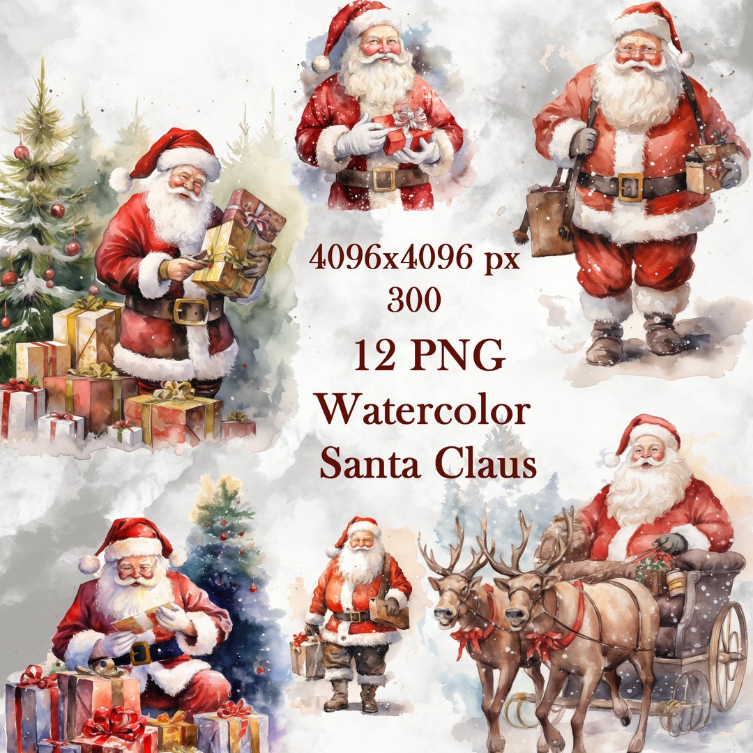 Watercolor Santa Claus Clipart – 12 PNG Christmas Illustrations ...