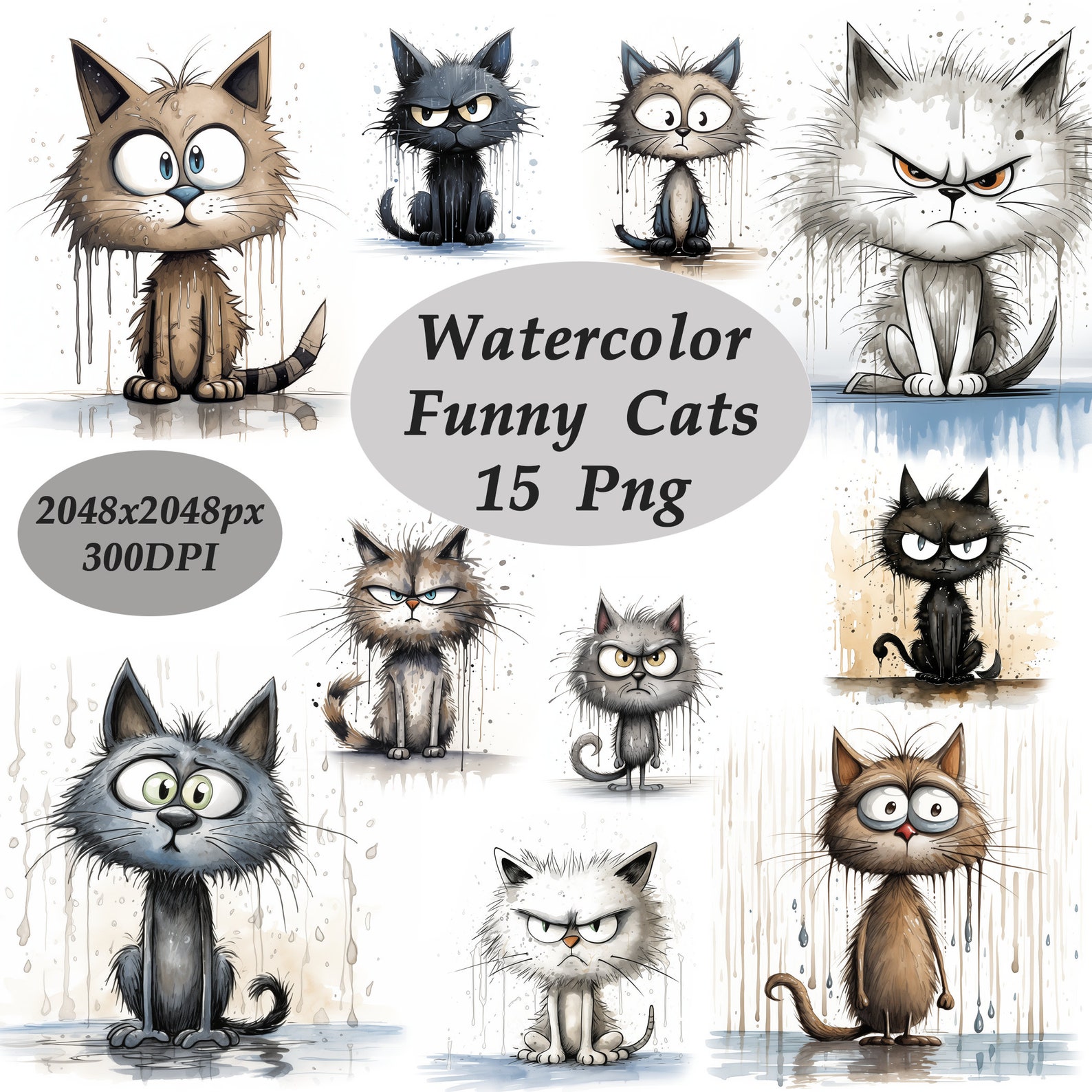 Watercolor Funny Cats Clipart - Etsy