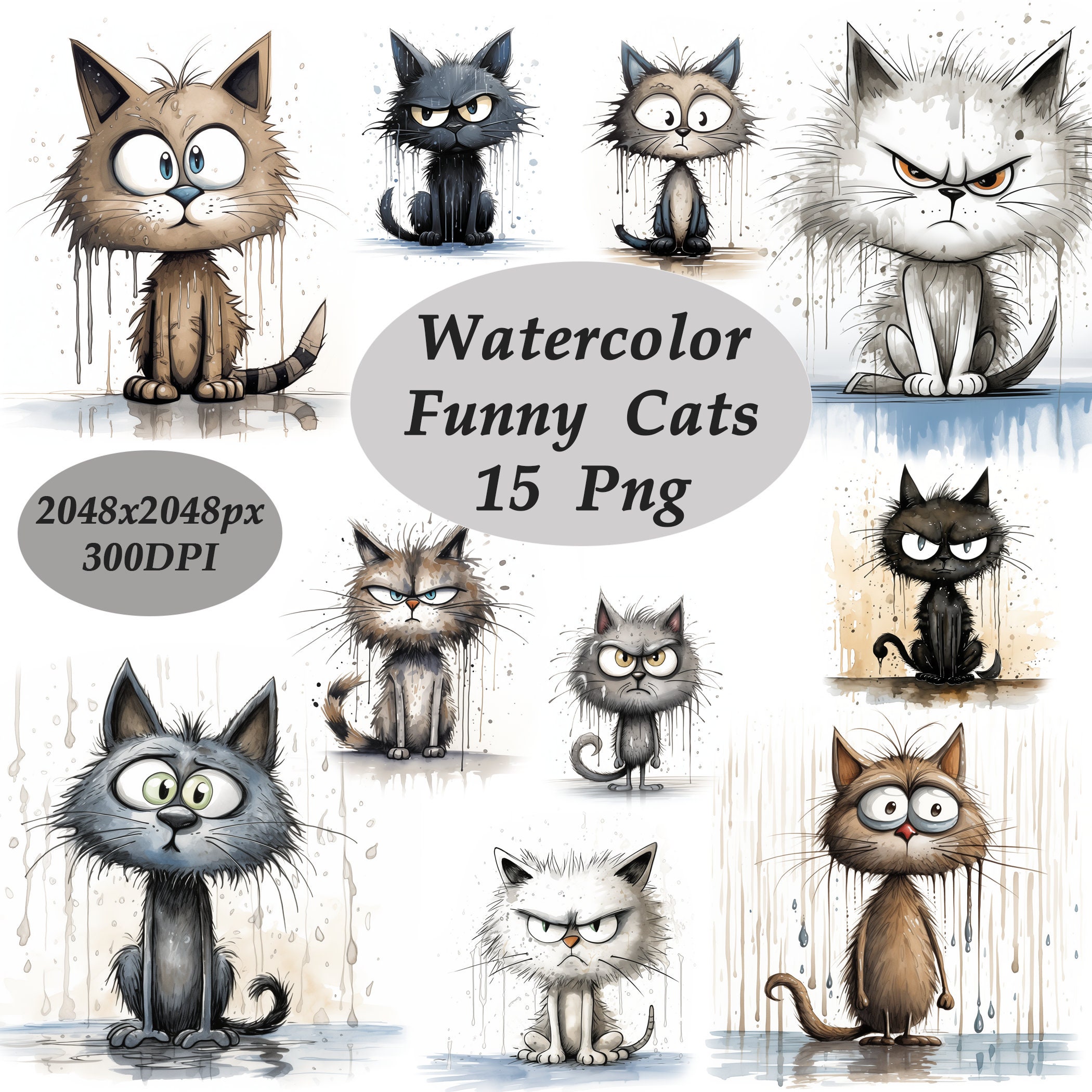 Watercolor Funny Cats Clipart - Etsy
