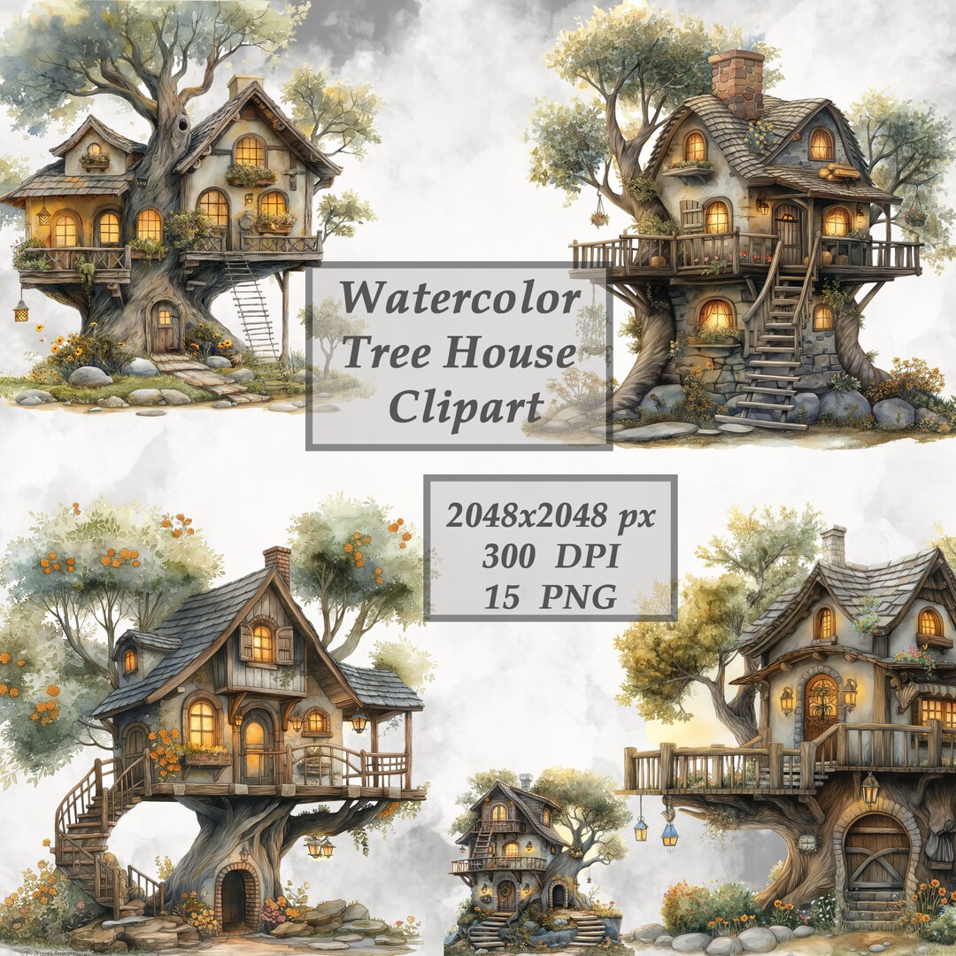Watercolor Tree House Clipart - Etsy