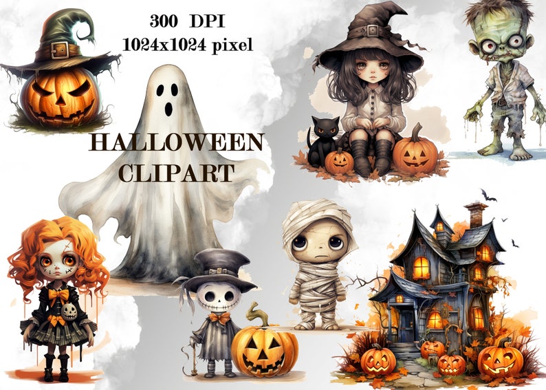 Watercolor Halloween Clipart Set: Spooky Pumpkins & Ghosts PNG (digital ...