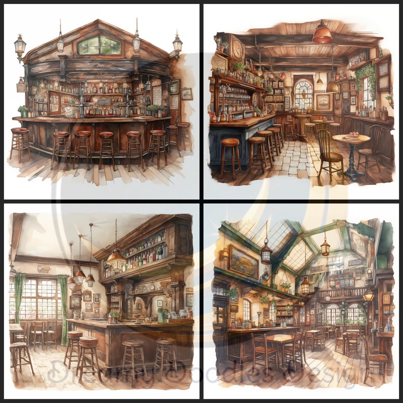 Watercolor Old Pub Interior – Vintage Tavern Bar Scene Clipart – Rustic ...