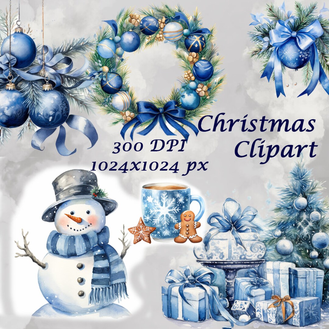 Cute Blue Christmas Clipart, Watercolor Winter Clipart, Traditional ...