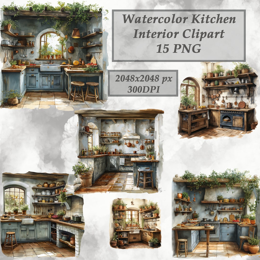 Cottagecore Kitchen Clipart – Cozy Rustic Watercolor Interior Pngs for ...