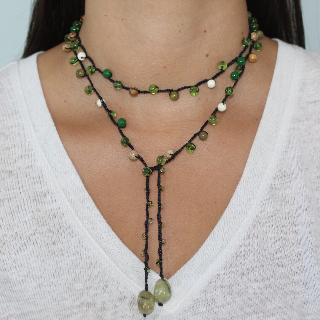 Green Tones Handmade Wrap Lariat-style Beaded Crochet Gemstone Necklace ...