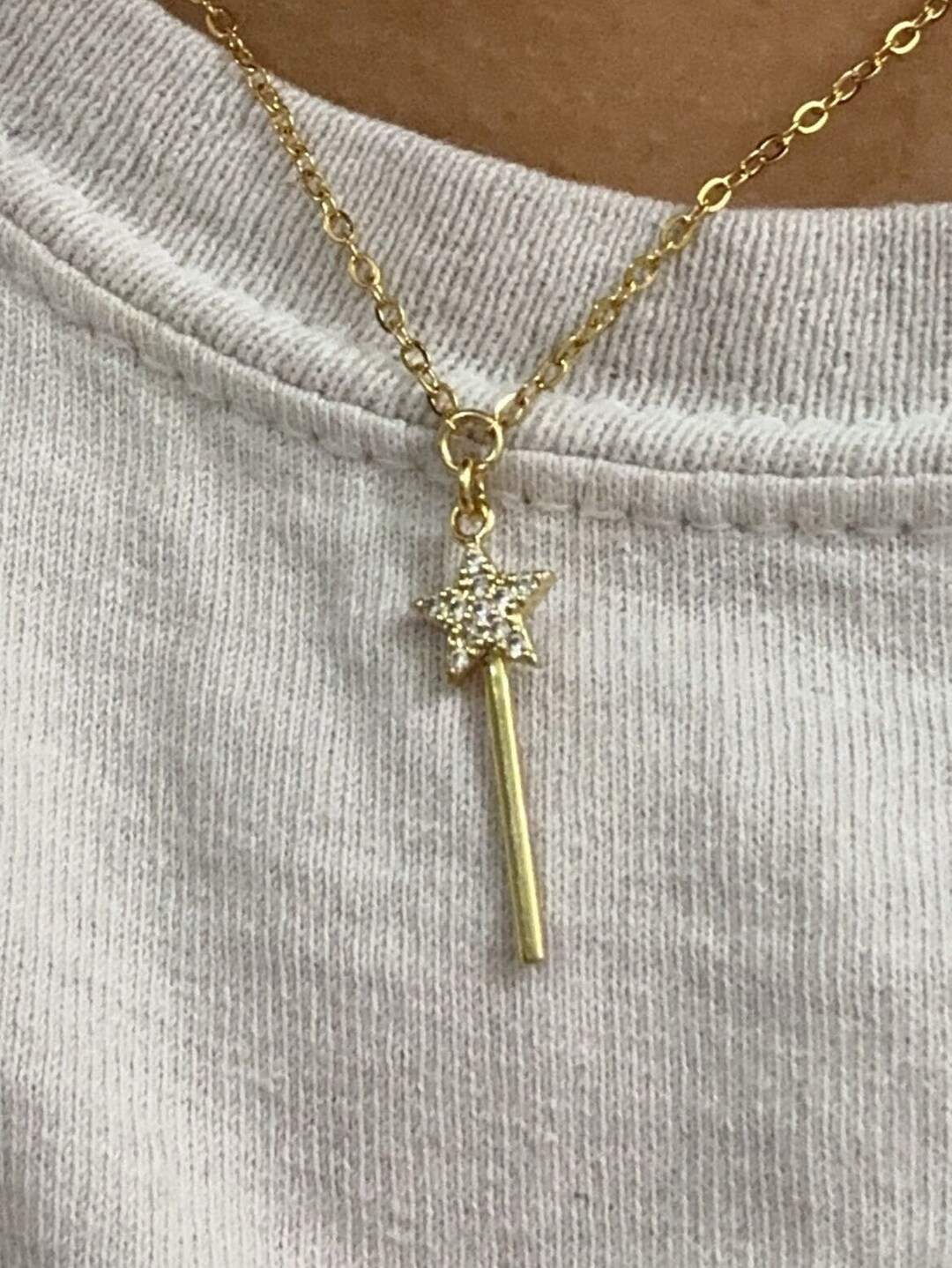 Magic Wand Necklace, 18k Gold Plated Charm, Fairy Godmother Wand, Gold ...