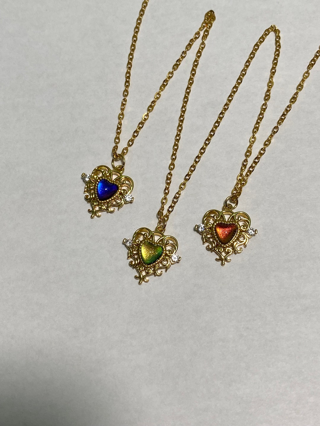 Mira Necklaces, Gold Heart Necklace, Green Blue Heart Charm, Magical ...