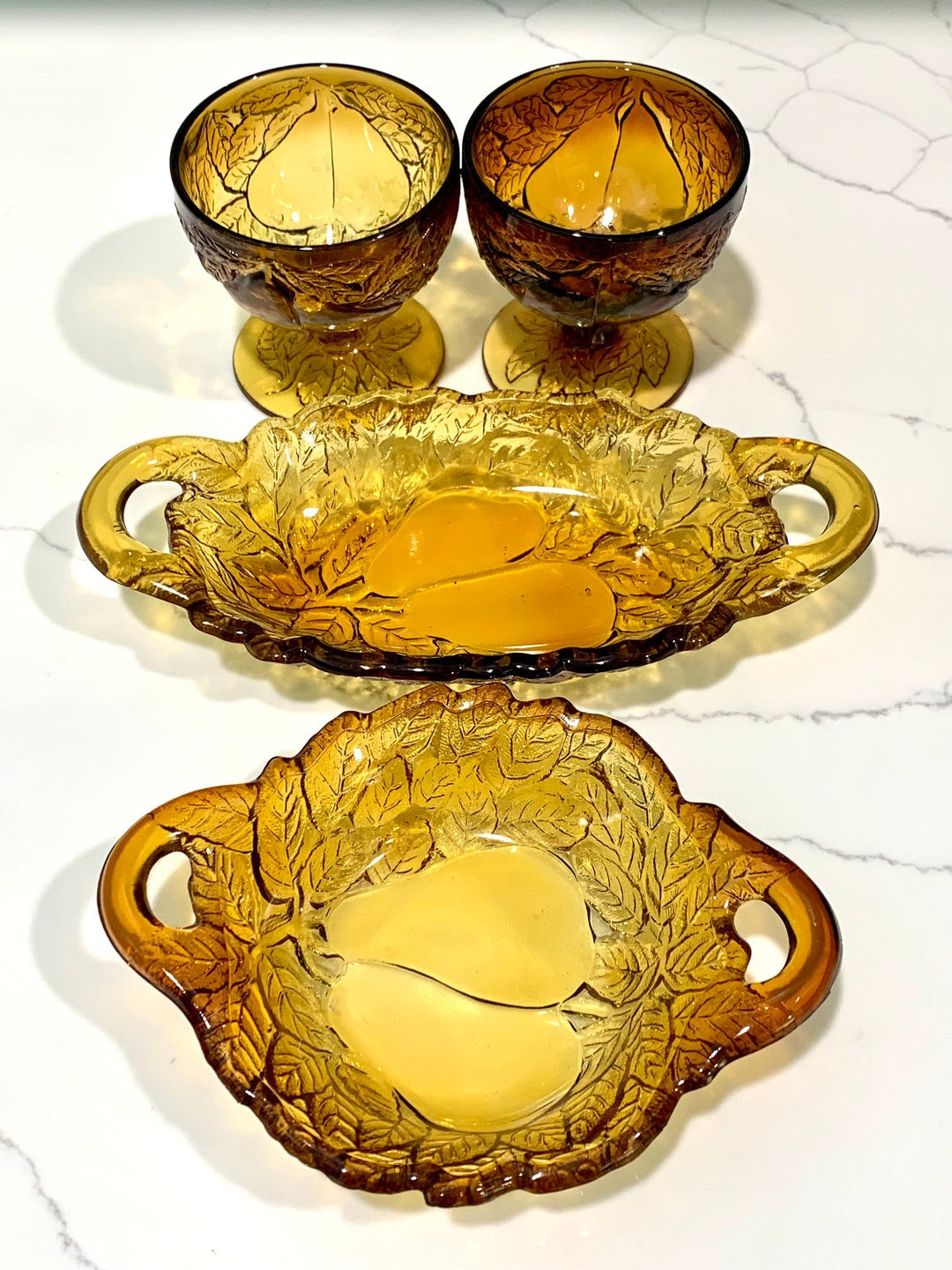 4 Piece Vintage Tiara Glass Set Amber Burnt Honey Sweet Pear Serving - Etsy