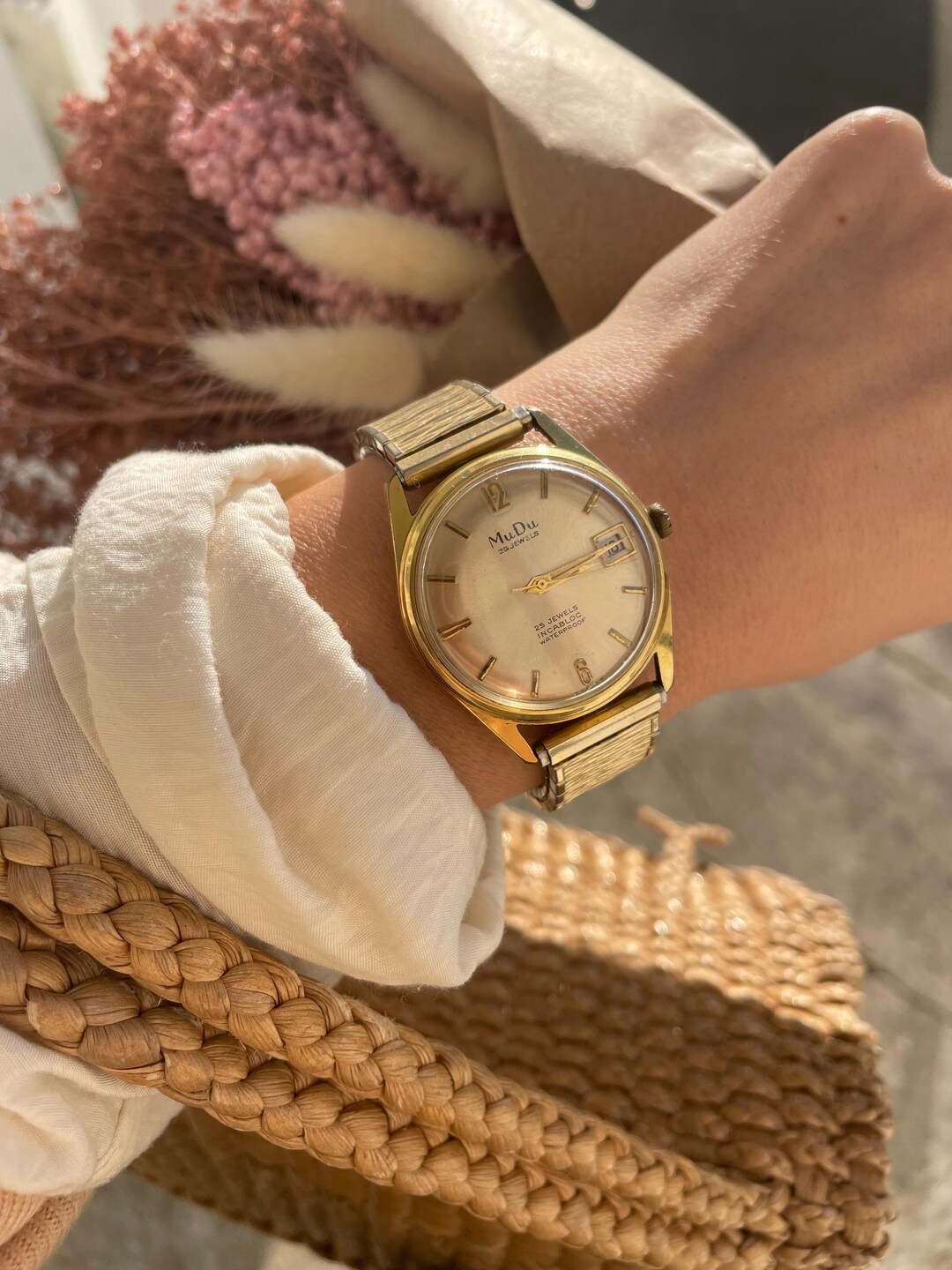 Vintage 1970s Mu Du Automatic Watch, Gold Plated Bezel, Stretchy Strap ...