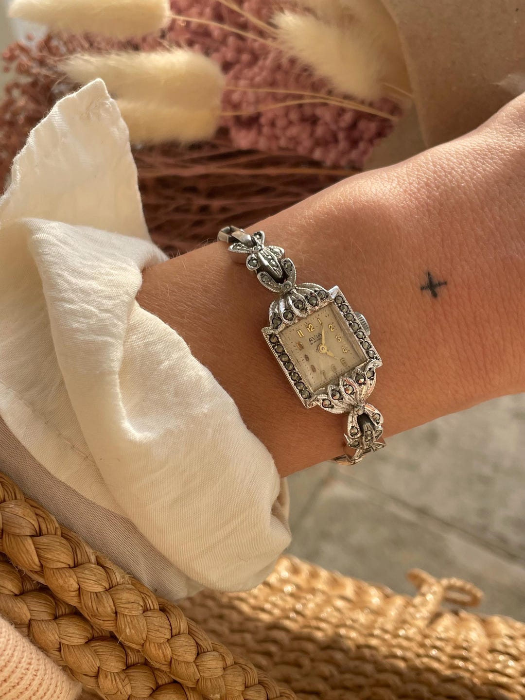 Rare Vintage 1950s 925 Silver Strap Mechanical Wind Tank Style Ladies ...