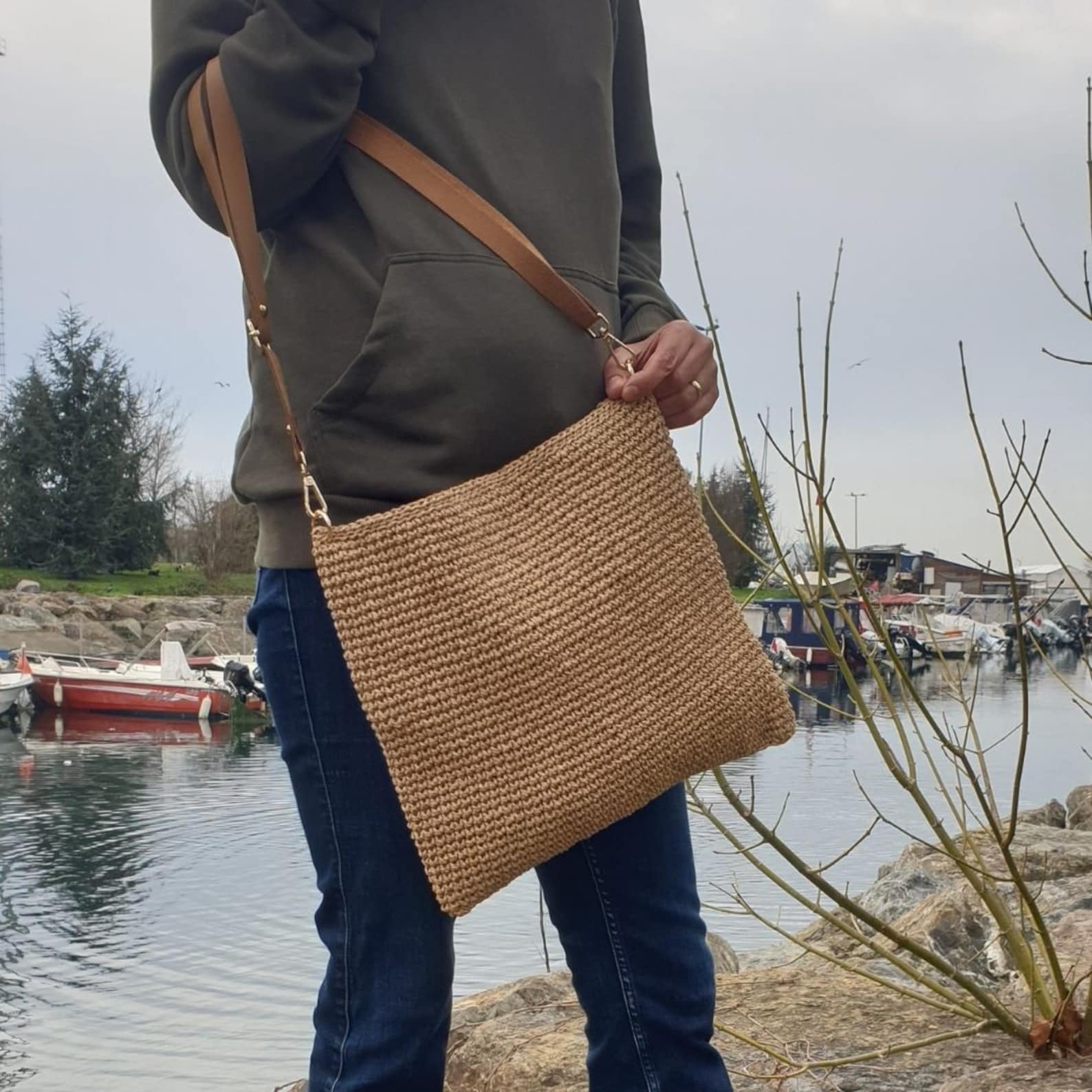 Paper Yarn Bag, Straw Crossbody Bag, Handmade Bag With Adjustable Strap ...