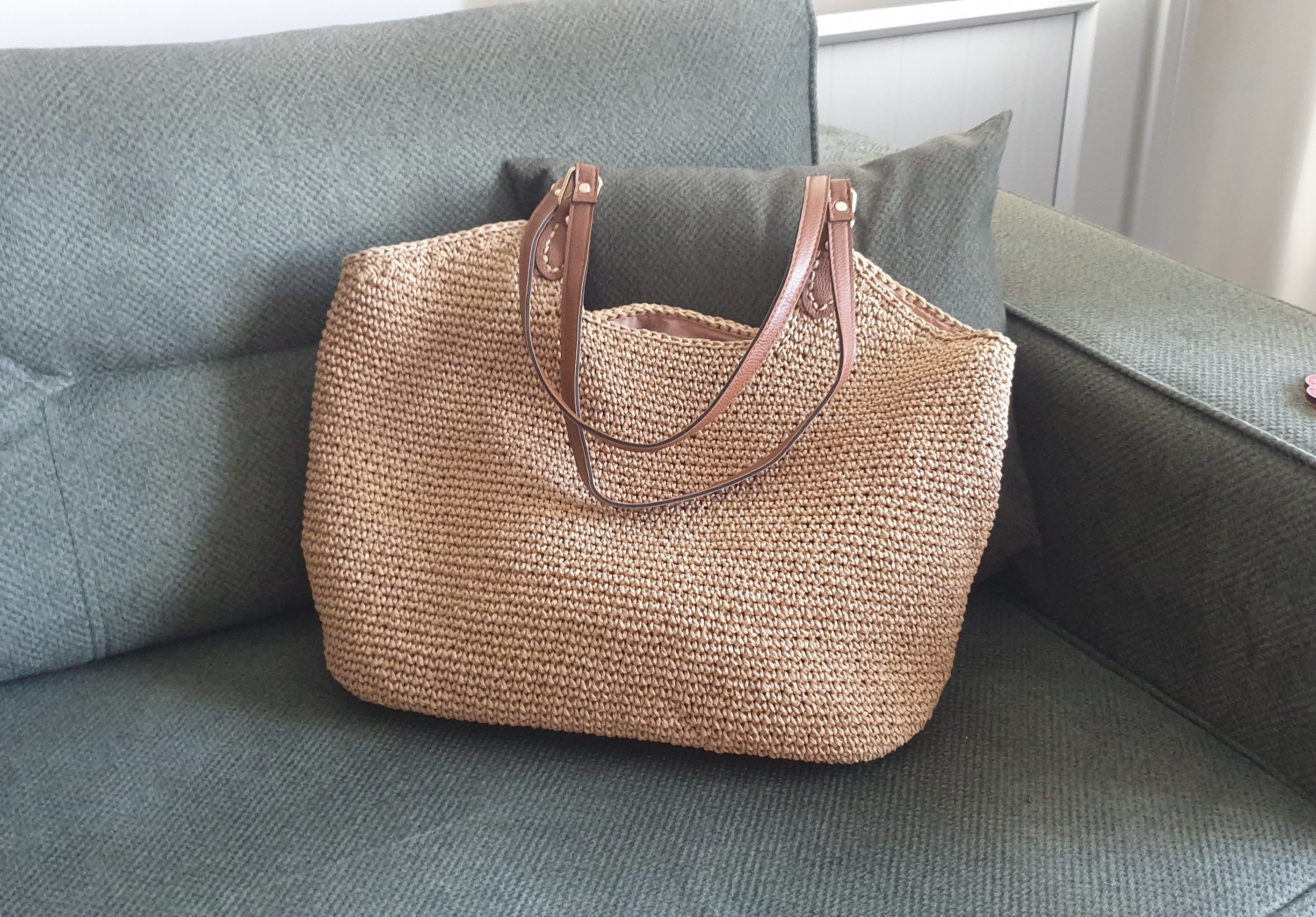 Large Raffia Bag, Handcrocheted Raffia Tote Bag, Straw Beach Bag ...