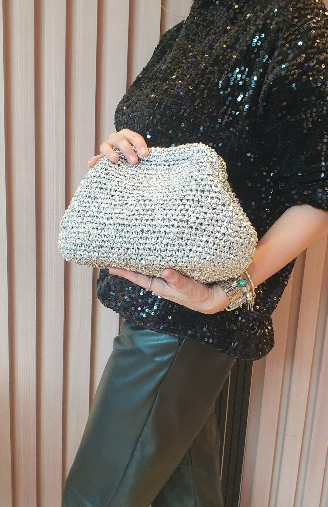Metallic Silver Clutch Bag, Crochet Raffia Party Clutch Bag, Silver ...