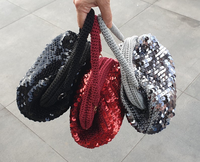 Handmade Red Bag, Crochet Sequin Evening Bag, Handcrafted Sequin Bag ...