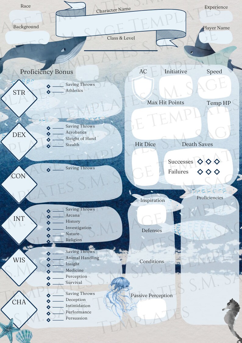 A7 Watercolor Underwater Dnd Character Sheet / D&D / Character - Etsy