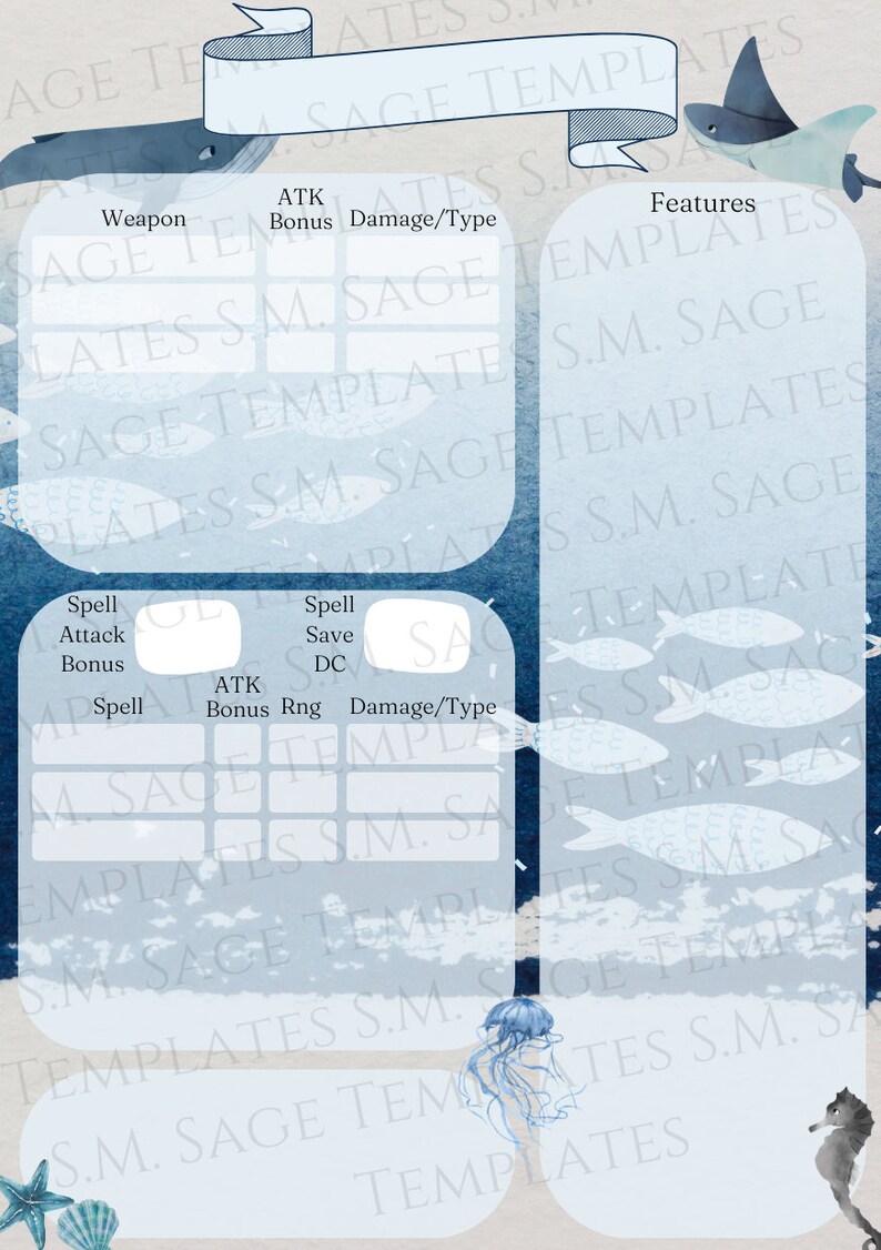 A7 Watercolor Underwater Dnd Character Sheet / D&D / Character - Etsy