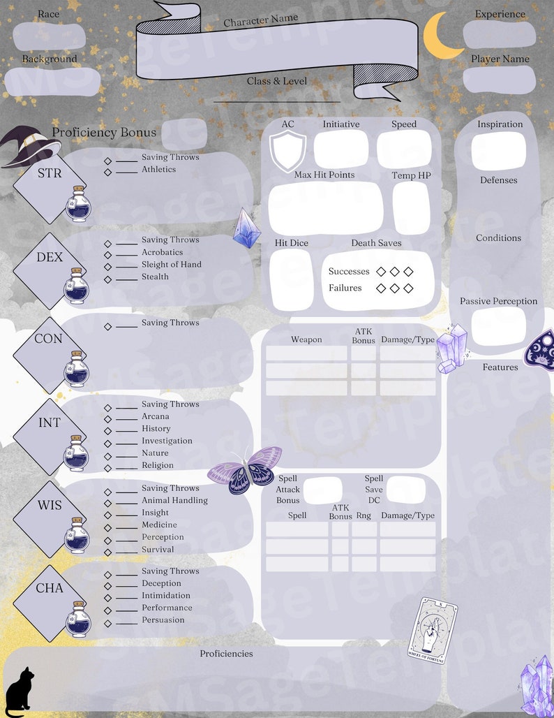 Watercolor Witchy Dnd Character Sheet / D&D / Character Journal / PDF ...