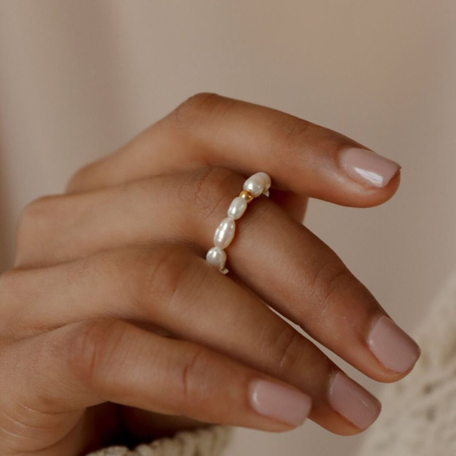 Freshwater Pearl Ring Pearl Beaded Ring Dainty Pearl Ring for Her Tiny Pearl Stacking Ring ...