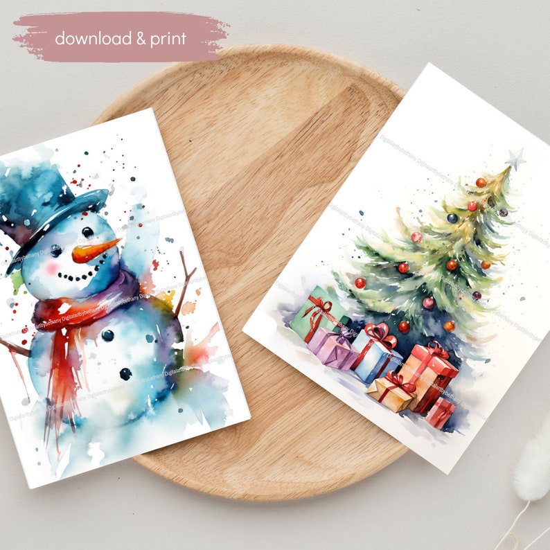 5 Printable Watercolor Christmas Cards, Instant Digital Download ...