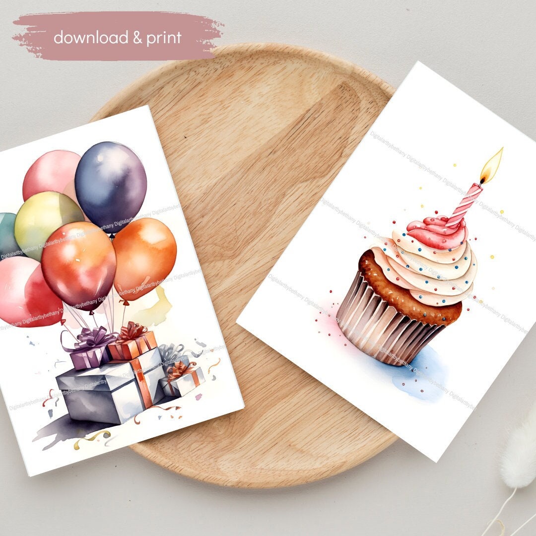 5 Printable Watercolor Birthday Cards, Instant Digital Download ...