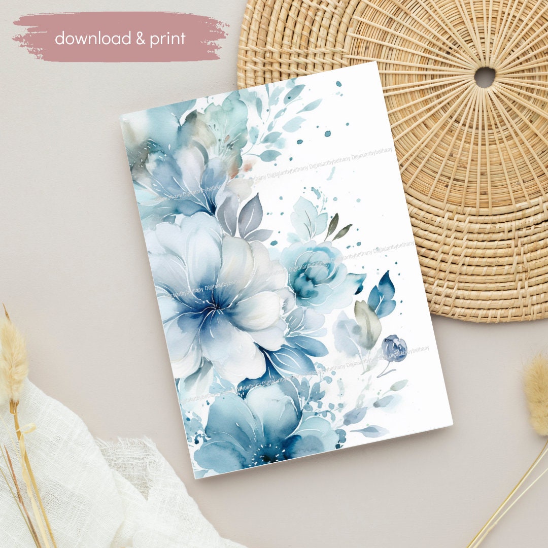 30-pack Blue Floral Watercolor Cards Instant Digital - Etsy