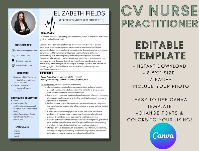 CV Nurse Practitioner Template, Editable Canva CV Template for RN ...